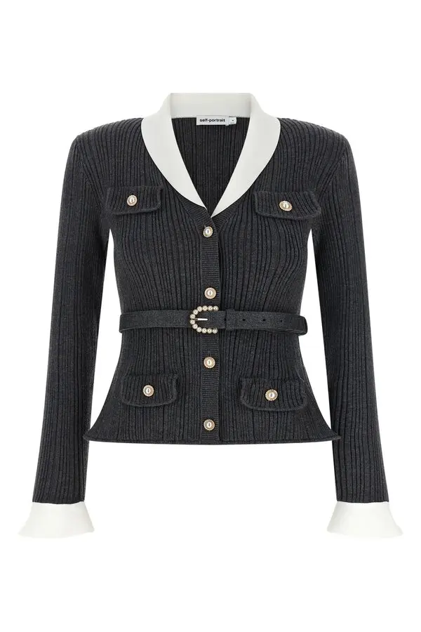 SELF-PORTRAIT Ribbed Cardigan - Gray