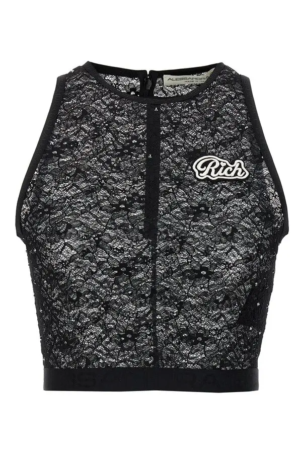 Alessandra Rich Rhinestone Lace Crop Top