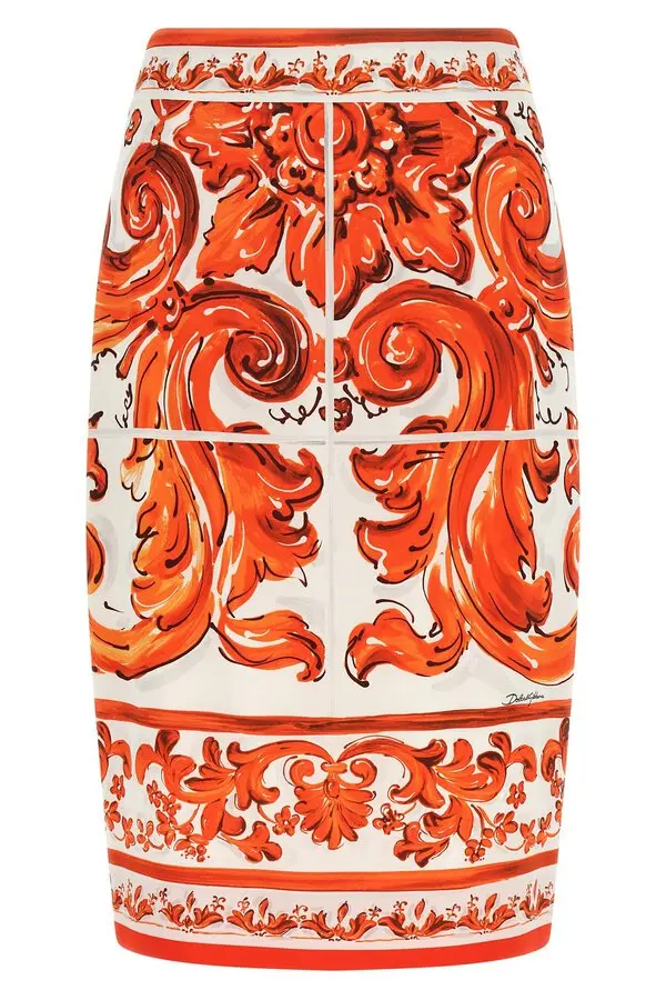 Dolce & Gabbana Maiolica Silk Midi Skirt - Orange