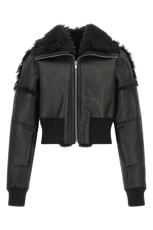 Rick Owens Cropped Matte Craquelé Effect Leather Bomber Jacket