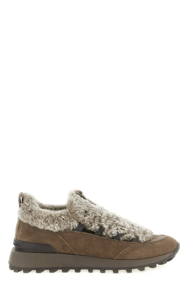 Brunello Cucinelli Monile Shearling Suede Sneakers - Brown