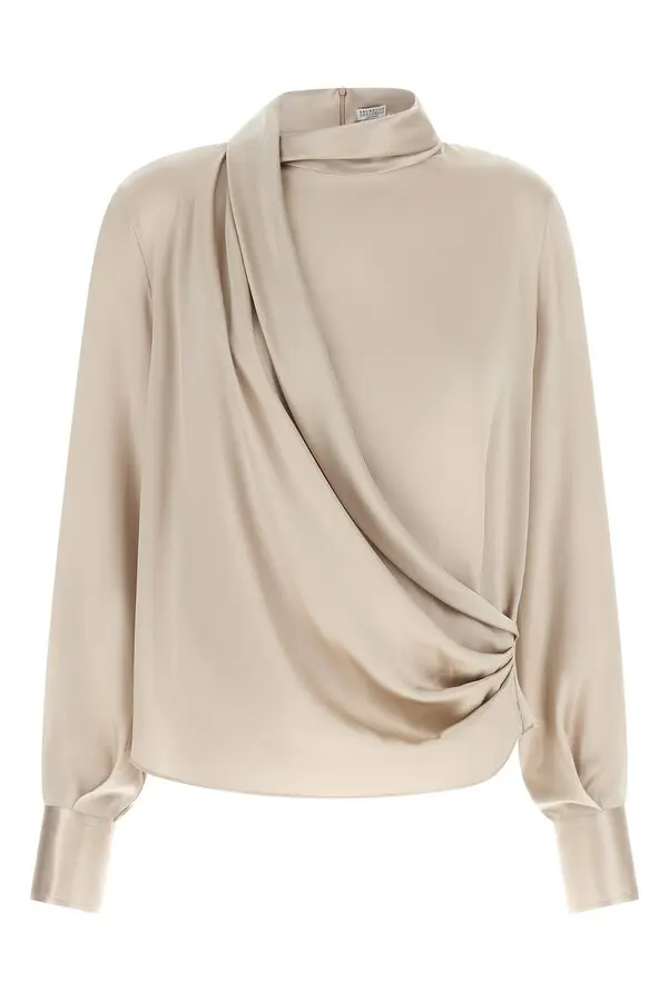 Brunello Cucinelli Asymmetric Draped Blouse - Beige