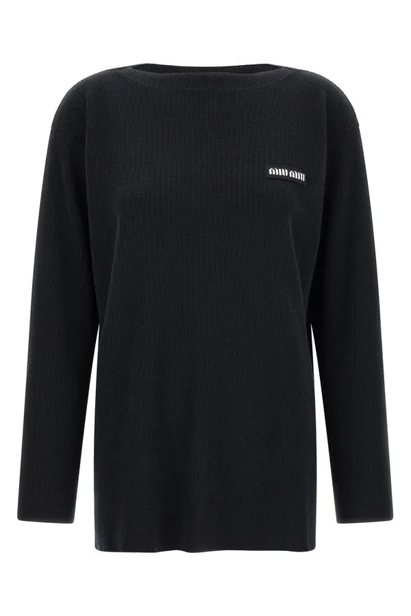 Miu Miu Virgin Wool Boat Neck Sweater - Black