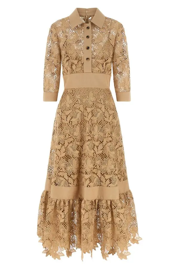 Elie Saab Floral Macramé Midi Dress - Beige