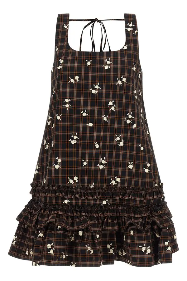 GANNI Check Flower Dress - Brown