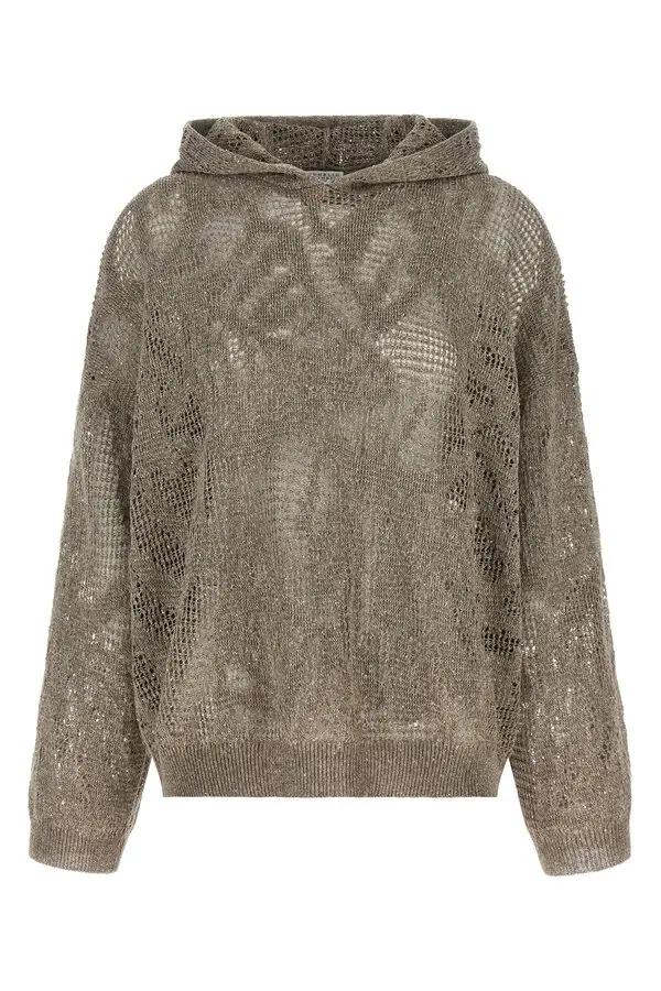 Brunello Cucinelli Openwork Hooded Sweater - Brown