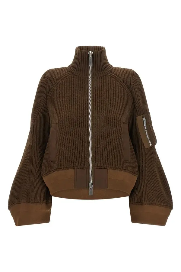 Sacai Nylon Twill X Wool Knit' Blouson - Brown