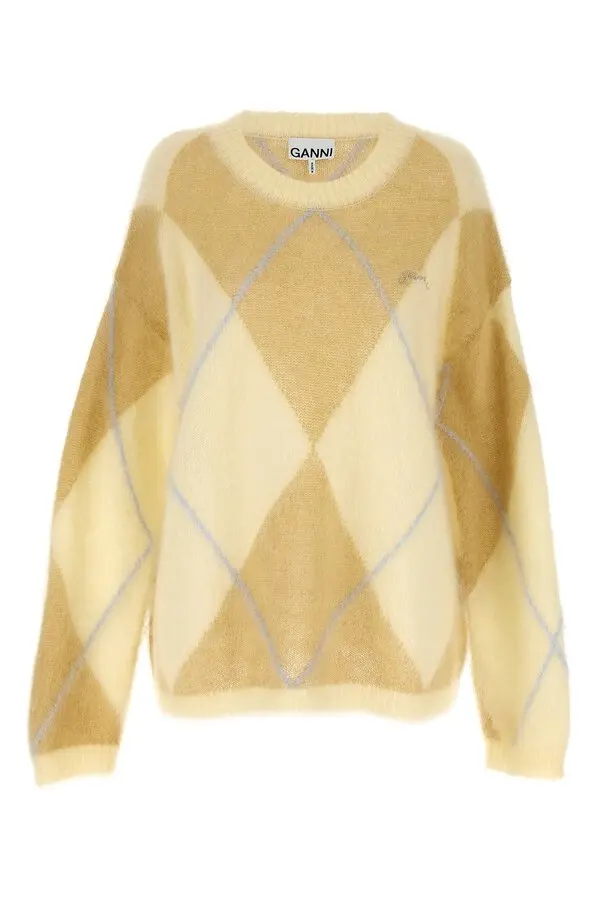 GANNI Logo Embroidery Diamond Sweater - Yellow