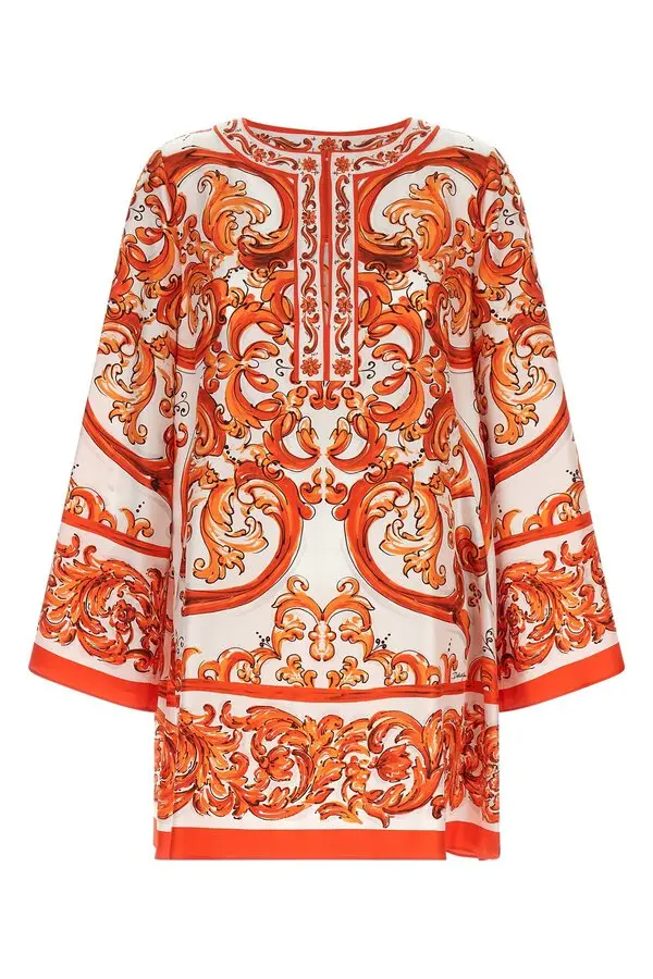 Dolce & Gabbana Maiolica Print Silk Twill Kaftan Mini Dress
