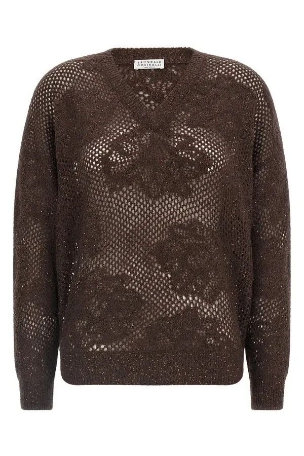 Brunello Cucinelli Flower Lace V-neck Sweater - Brown