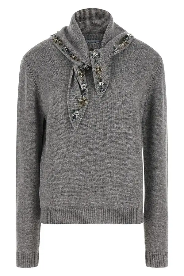 Prada Cashmere Jewel Bandana Pullover - Gray