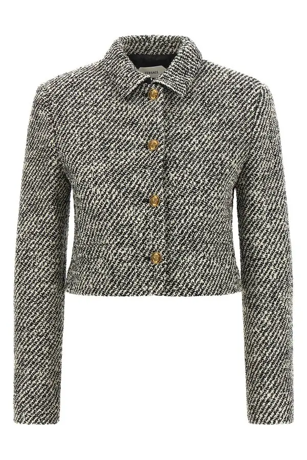 Versace Bouclé Wool Blend Blouson Jacket - White/black