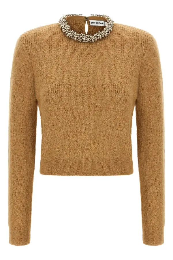 SELF-PORTRAIT Jewel-embellished Slim Fit Crewneck Sweater - Brown