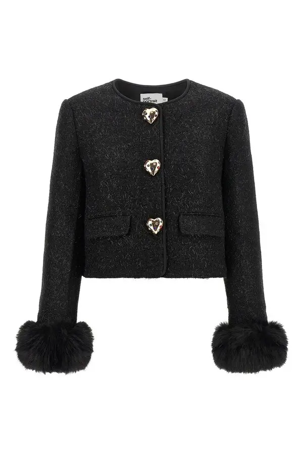 SELF-PORTRAIT Bouclé Fur Jacket - Black