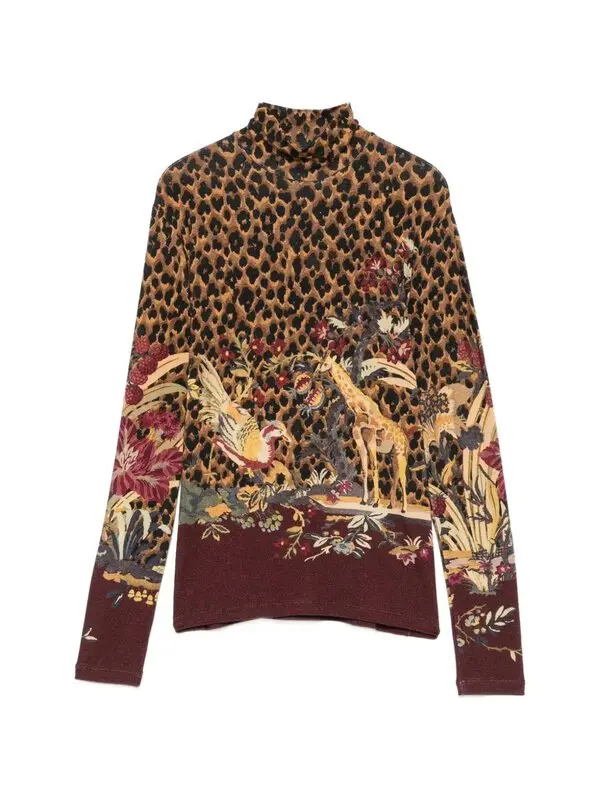 Etro Animalier Print High Neck Long Sleeve Tee