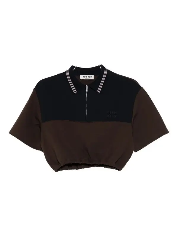 Miu Miu Cropped Short Sleeve Zip Up Collar Top - Brown