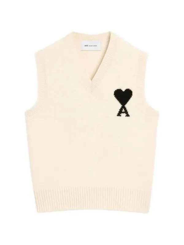 AMI Paris Virgin Wool V Neck Waist Coat - White/black
