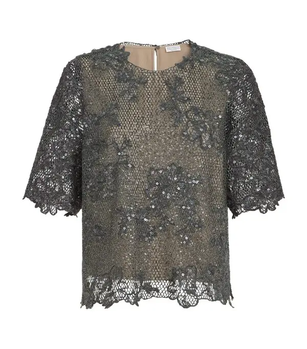 Brunello Cucinelli Sequin-embellished Lace Top - Grey