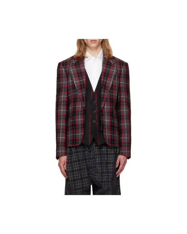 VIVIENNE WESTWOOD Nightwatch Wool Tartan Waistcoat Jacket - Charcoal Red