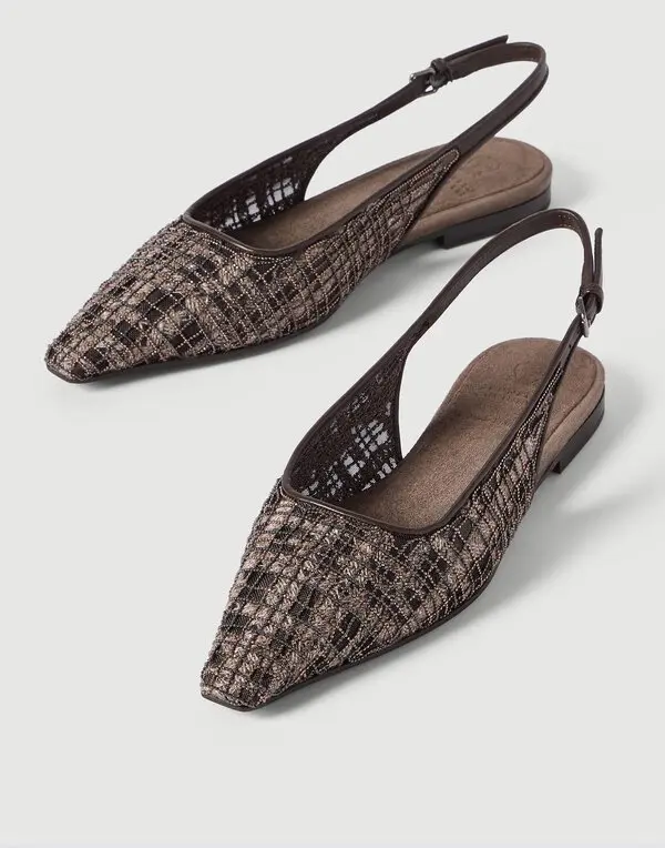 Brunello Cucinelli Precious Check Embroidery Slingback Flats