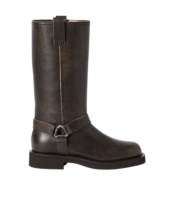 Brunello Cucinelli Leather Biker Boots With Shiny Loops - Rust-brown
