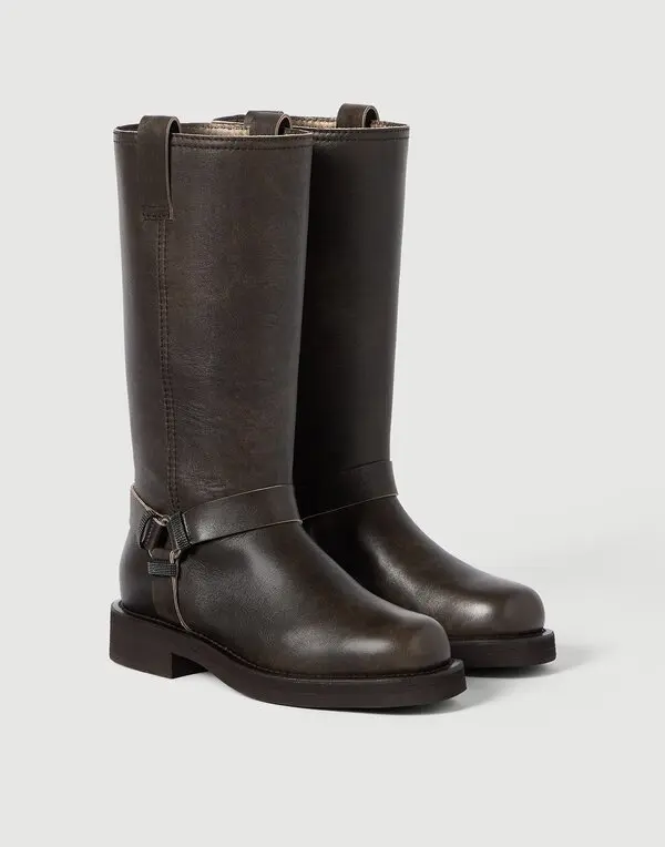 Brunello Cucinelli Leather Biker Boots With Shiny Loops
