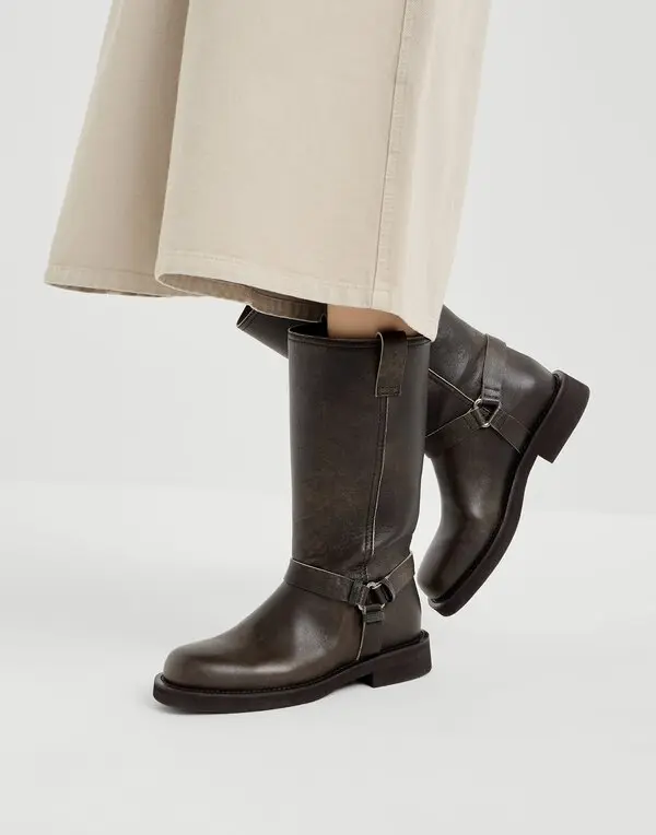 Brunello Cucinelli Leather Biker Boots With Shiny Loops