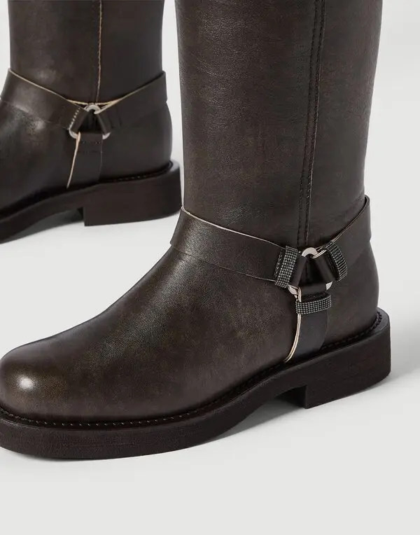 Brunello Cucinelli Leather Biker Boots With Shiny Loops