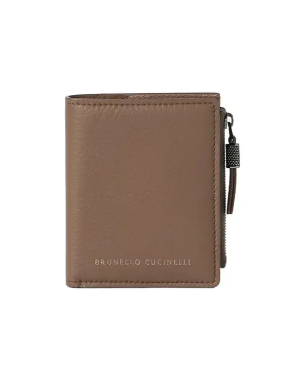 Brunello Cucinelli Grained Calfskin Compact Wallet With Shiny Zipper Pull