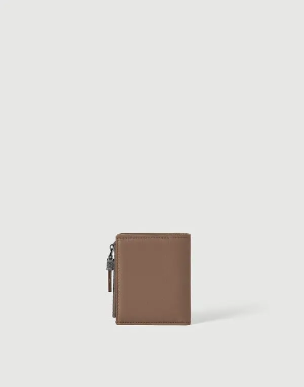 Brunello Cucinelli Grained Calfskin Compact Wallet With Shiny Zipper Pull