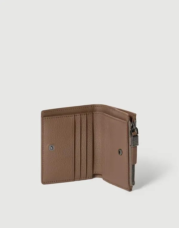 Brunello Cucinelli Grained Calfskin Compact Wallet With Shiny Zipper Pull