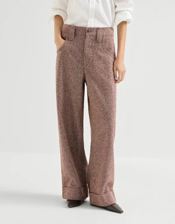 Brunello Cucinelli Virgin Wool Donegal Baggy Five-pocket Trousers With Monili - Wine Red