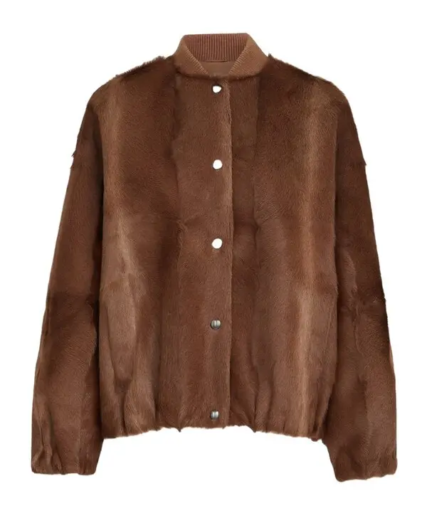 Brunello Cucinelli Cashmere Shearling Bomber Jacket With Monili - Mahogany