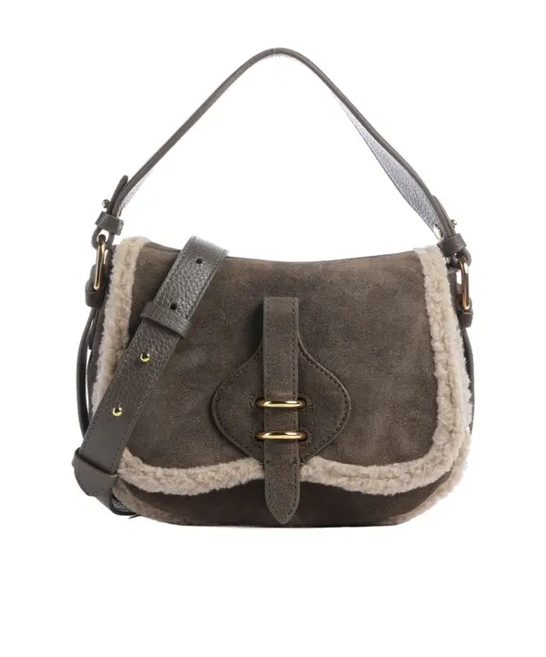 COCCINELLE Shearling-trim Suede Shoulder Bag