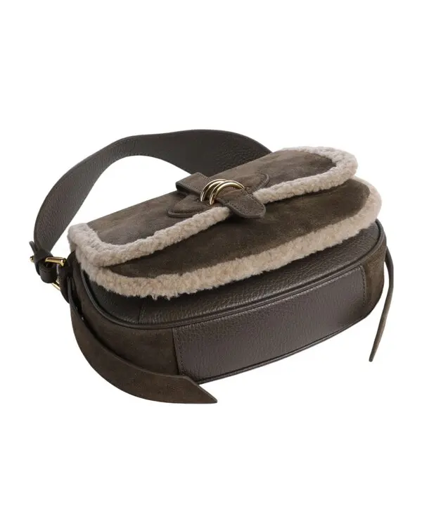 COCCINELLE Shearling-trim Suede Shoulder Bag
