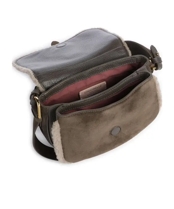 COCCINELLE Shearling-trim Suede Shoulder Bag