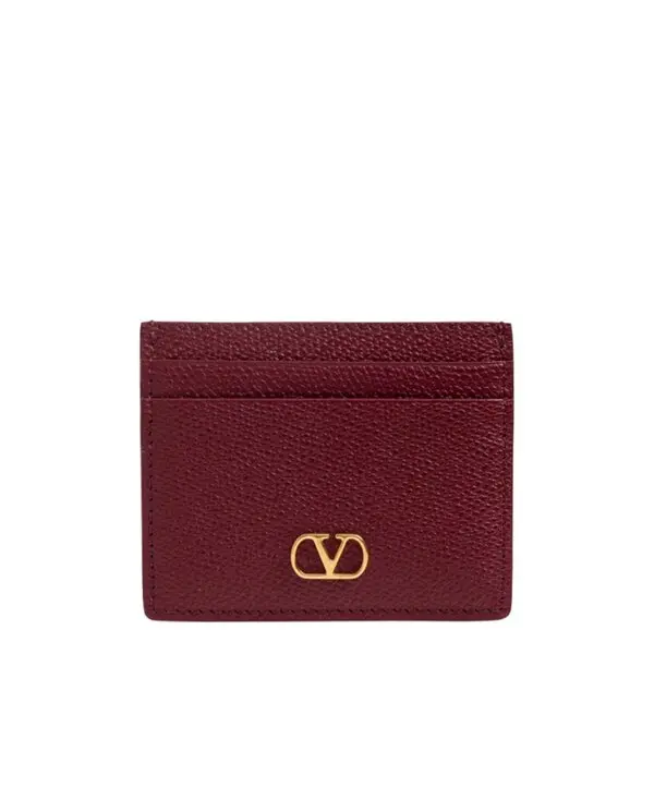 Valentino Garavani Vlogo Signature Grainy Calfskin Card Holder - Wine Red