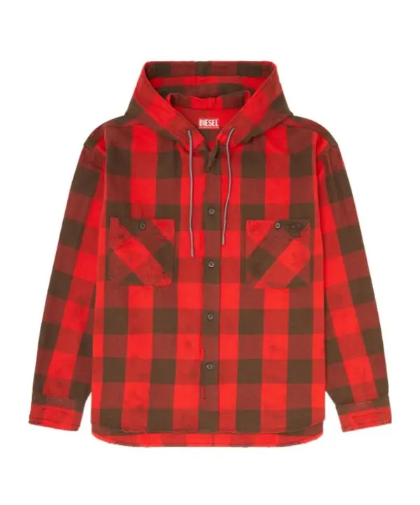 DIESEL® Distressed-hooded Shirt In Check Flannel