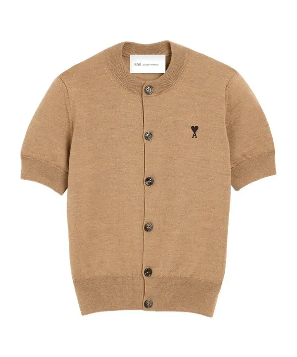 AMI Paris Brown Wool Short-sleeve Cardigan With De Coeur