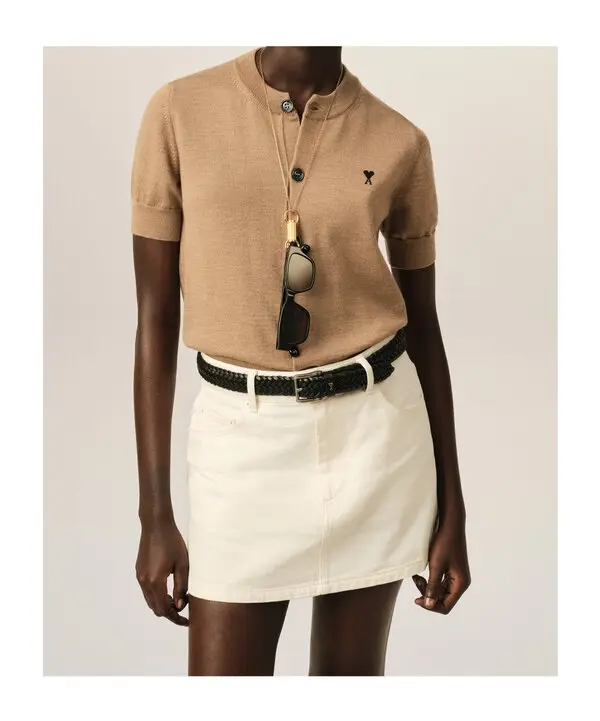 AMI Paris Brown Wool Short-sleeve Cardigan With De Coeur