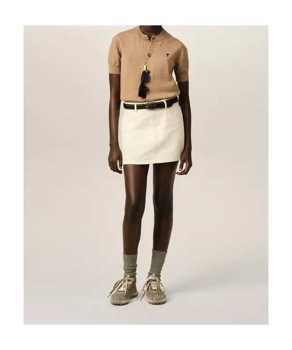 AMI Paris Brown Wool Short-sleeve Cardigan With De Coeur