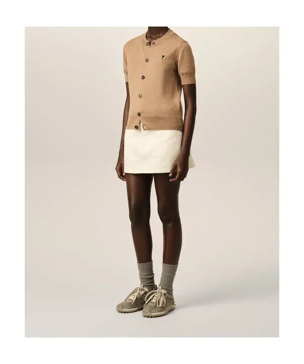 AMI Paris Brown Wool Short-sleeve Cardigan With De Coeur