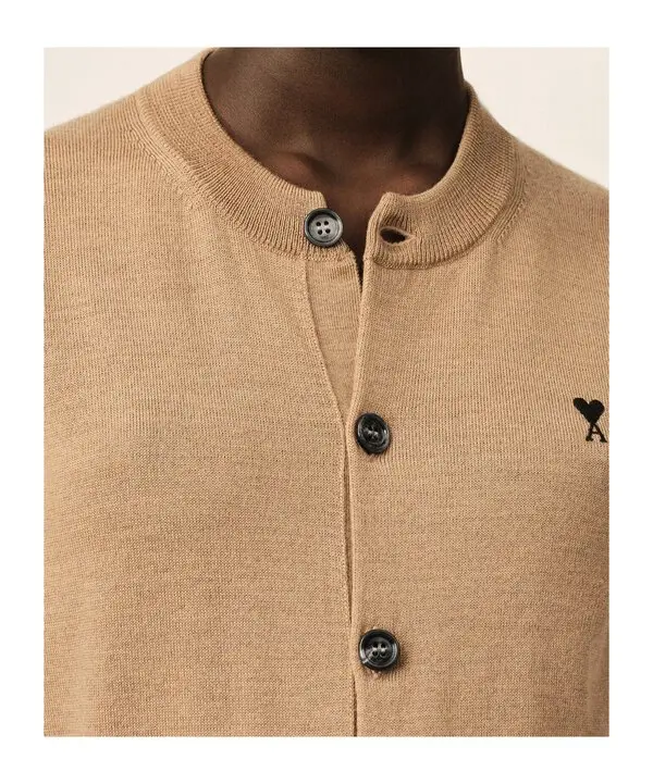 AMI Paris Brown Wool Short-sleeve Cardigan With De Coeur