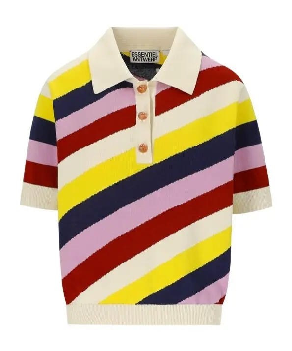 Essentiel Antwerp Striped Knit Polo Shirt - Nude
