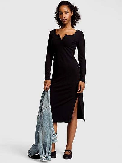 Pink All-day Soft Rib Long-sleeve Midi Dress - Black