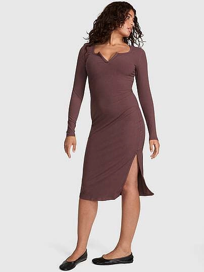 Pink All-day Soft Rib Long-sleeve Midi Dress - Brown