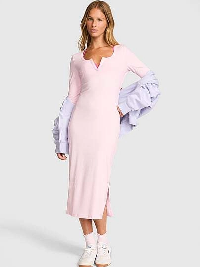 Pink All-day Soft Rib Long-sleeve Midi Dress - Pink