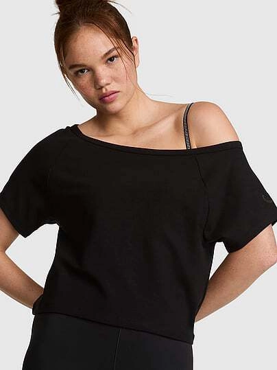 Pink Soft Modal Off-the-shoulder Boxy Tee - Black