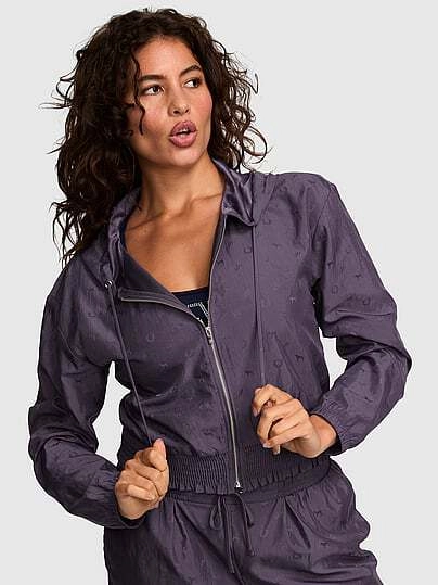 Pink Logo Jacquard Smocked Hooded Jacket - Grey