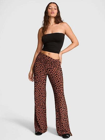 Pink Stretchy Knit Ruched Flare Pants - Print